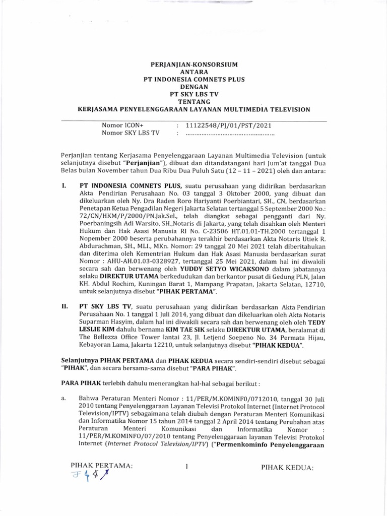 PJ ICON+ Dan SKY LBS TV - Kerjasama Penyelenggaraan Layanan Multimedia Television - PIHAK ...