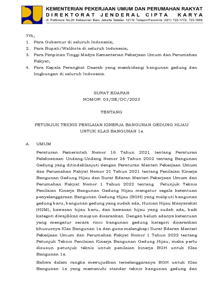 SE DJCK 03-2023 Petunjuk Teknis Penilaian Kinerja BGH Klas Bangunan 1a | PDF