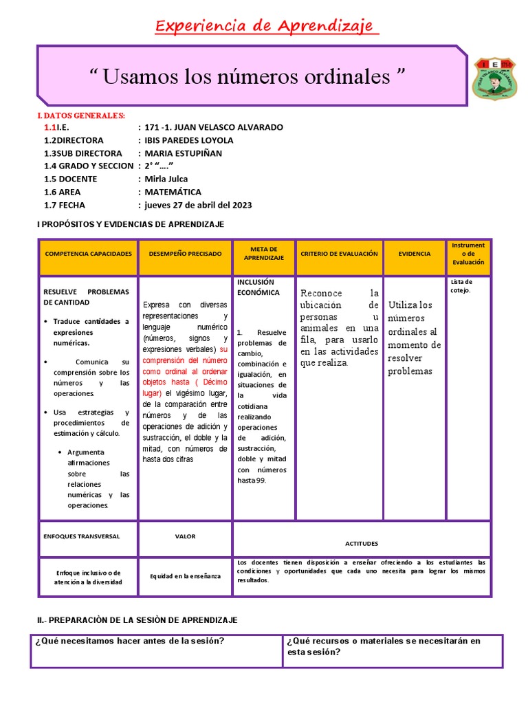 Sesión (Numeros Ordinales) | PDF | Evaluación | Enseñando