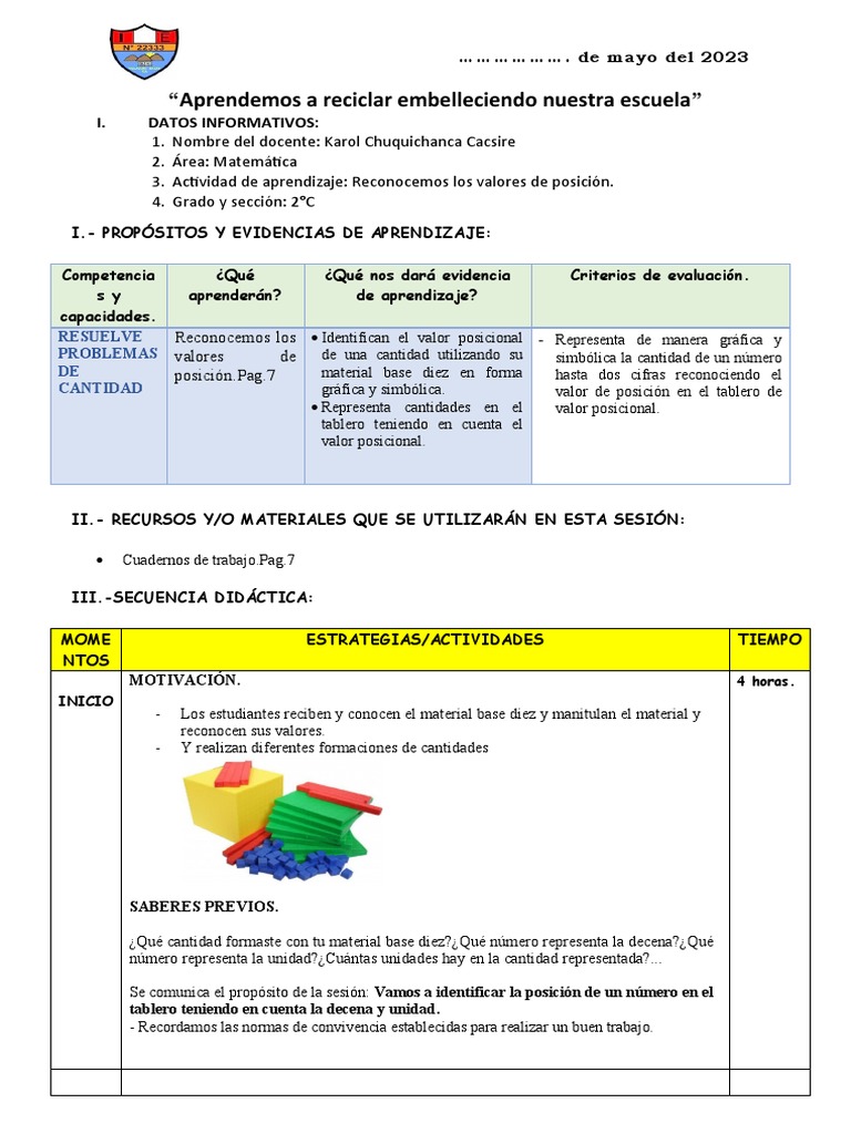 Sesión de Ubicación en El Valor Posicional | PDF | Evaluación | Aprendizaje