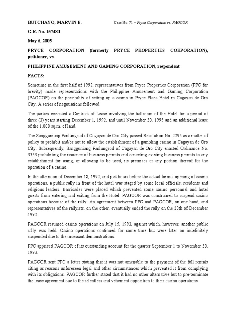Pryce Corporation vs. PAGCOR | PDF | Breach Of Contract | Lease