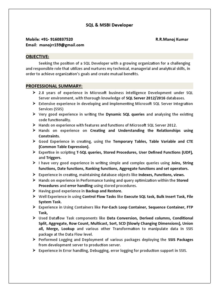 Manoj SQL Developer | PDF | Microsoft Sql Server | Sql