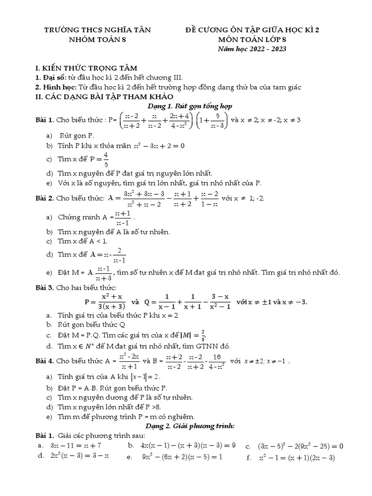 De Cuong Giua Hoc Ki 2 Toan 8 Nam 2022 2023 Truong Thcs Nghia Tan Ha Noi | PDF