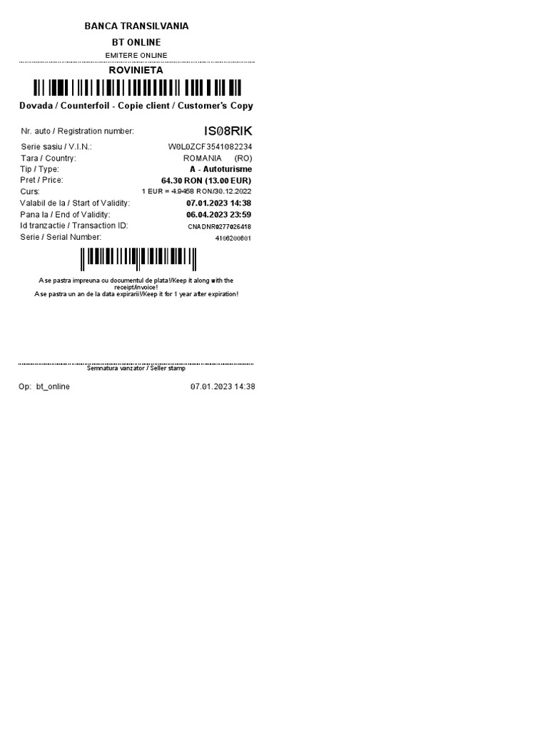 Romania Online ROVINIETA Receipt | PDF