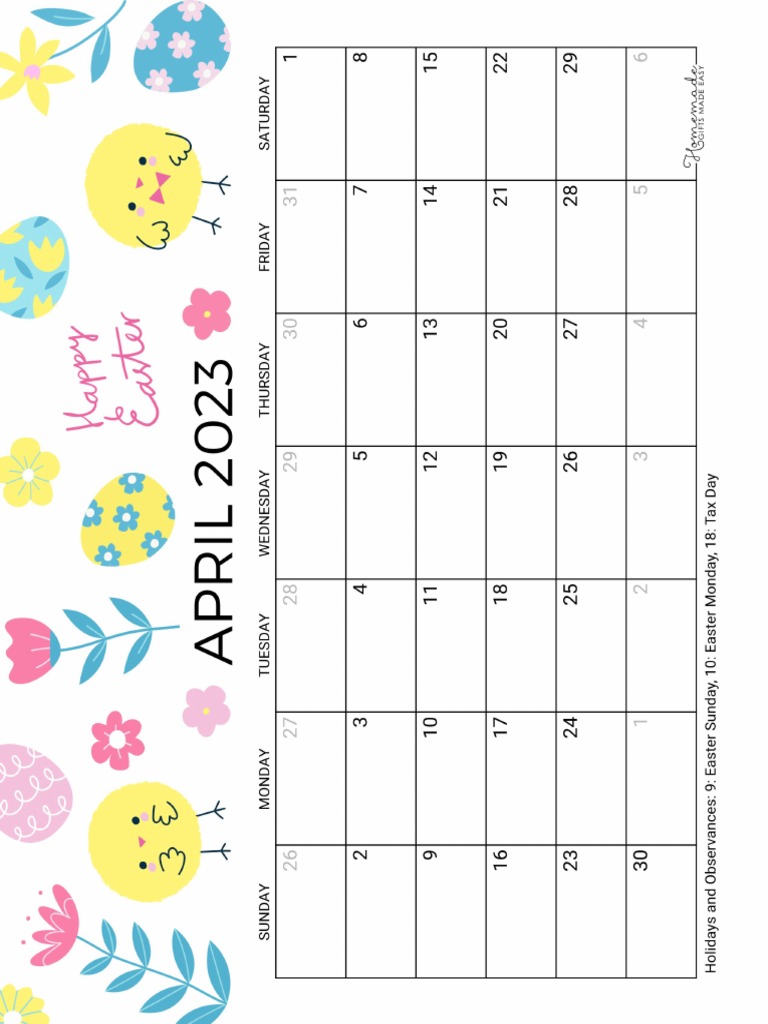 April Calendar 2023 Printable Easter Landscape | PDF
