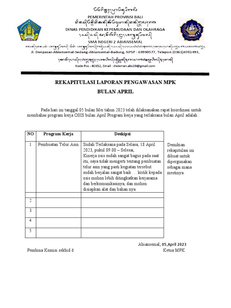 Rekapitulasi Laporan Pengawasan MPK Sekbid 6 | PDF