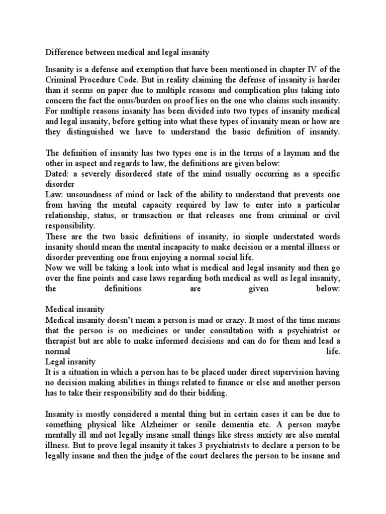 Medical and Legal Insanity | PDF | Insanity Defense | Burden Of Proof (Law) Medical and Legal Insanity | PDF | Insanity Defense | Burden Of Proof (Law)