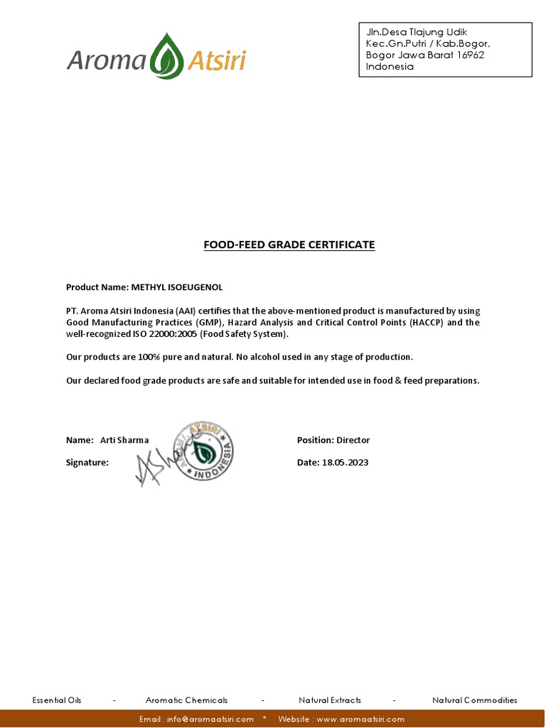 Food-Feed Grade Certificate - Methyl Isoeugenol | PDF