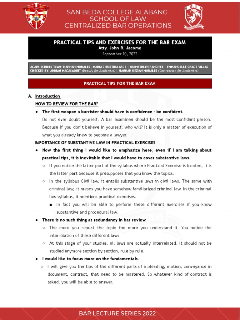 1 SBCA CBO BAR LECTURE NOTES 2022 Practical Exercises 1 Atty. John ...