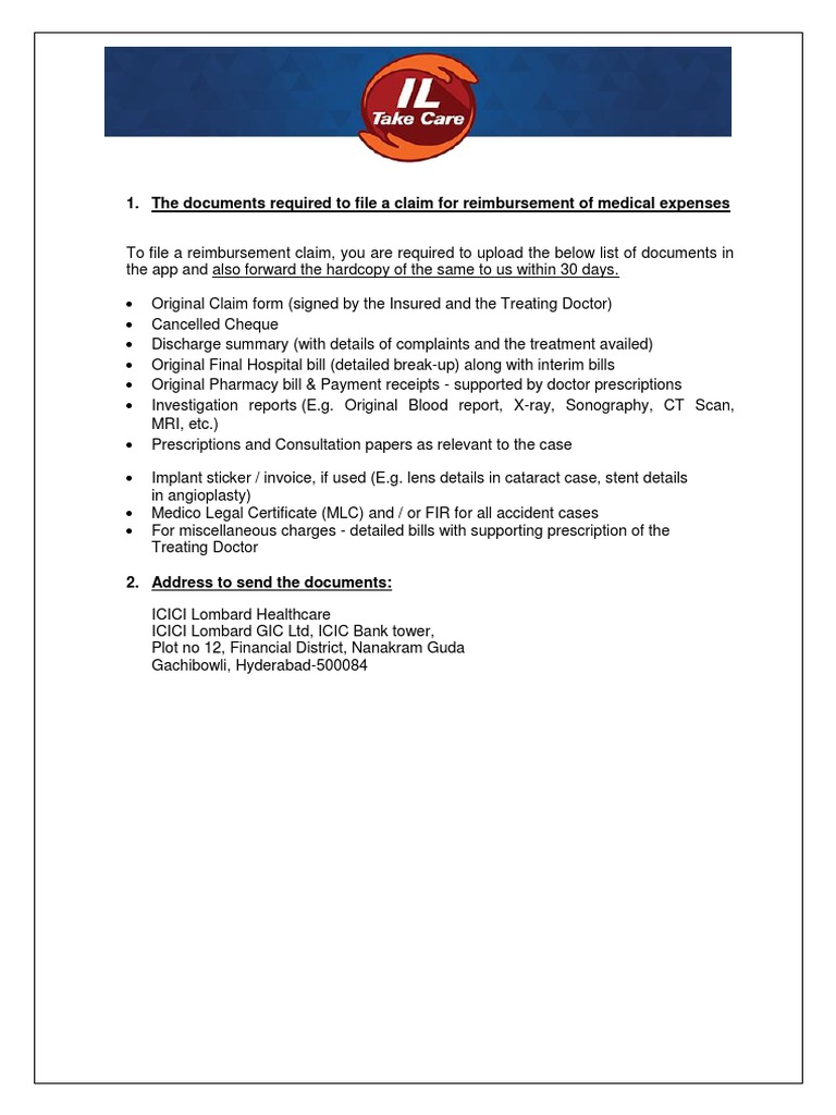The Documents Required To File A Claim For Reimbursement of Medical ...