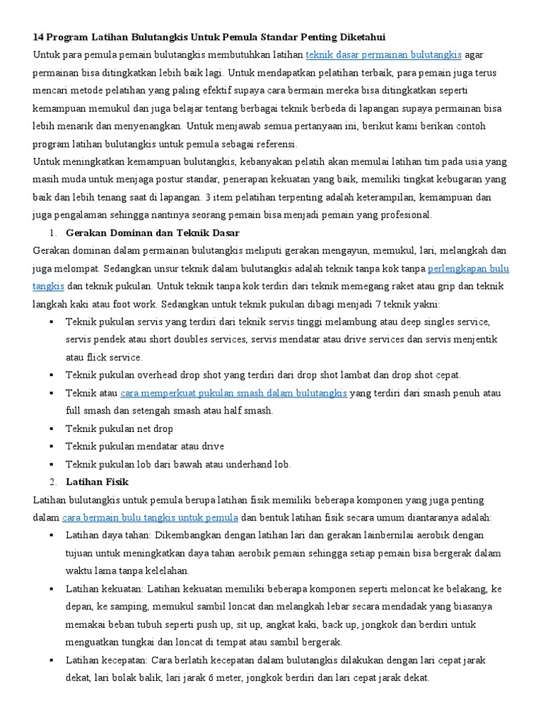14 Program Latihan Bulutangkis Untuk Pemula Standar Penting Diketahui | PDF