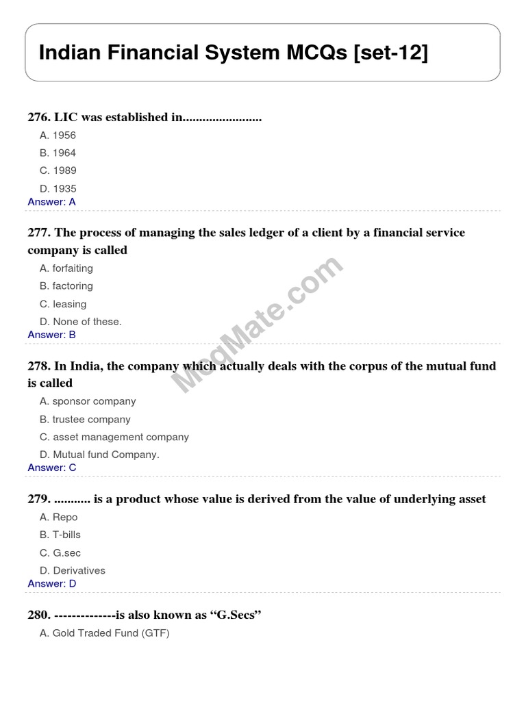 Indian Financial System Solved MCQs (Set-12) | PDF