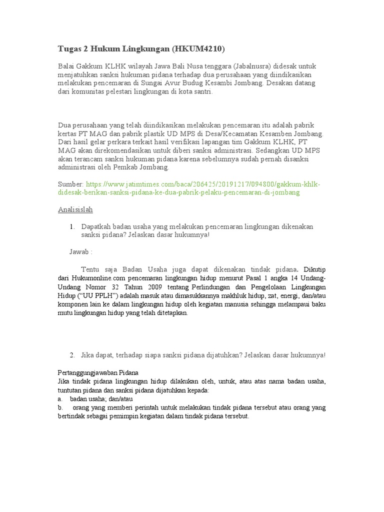 Tugas 2 Hukum Lingkungan | PDF | Hukum