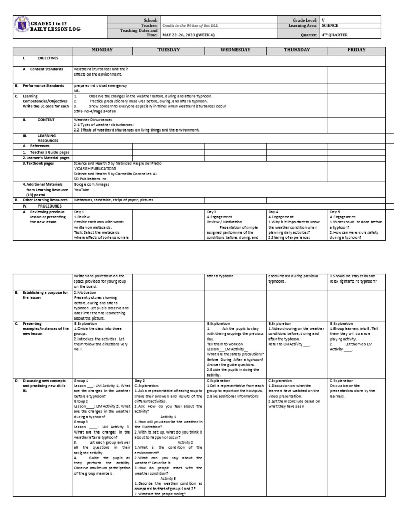 Grade 5 Dll Science 5 q4 Week 4 | PDF | Learning | Tropical Cyclones
