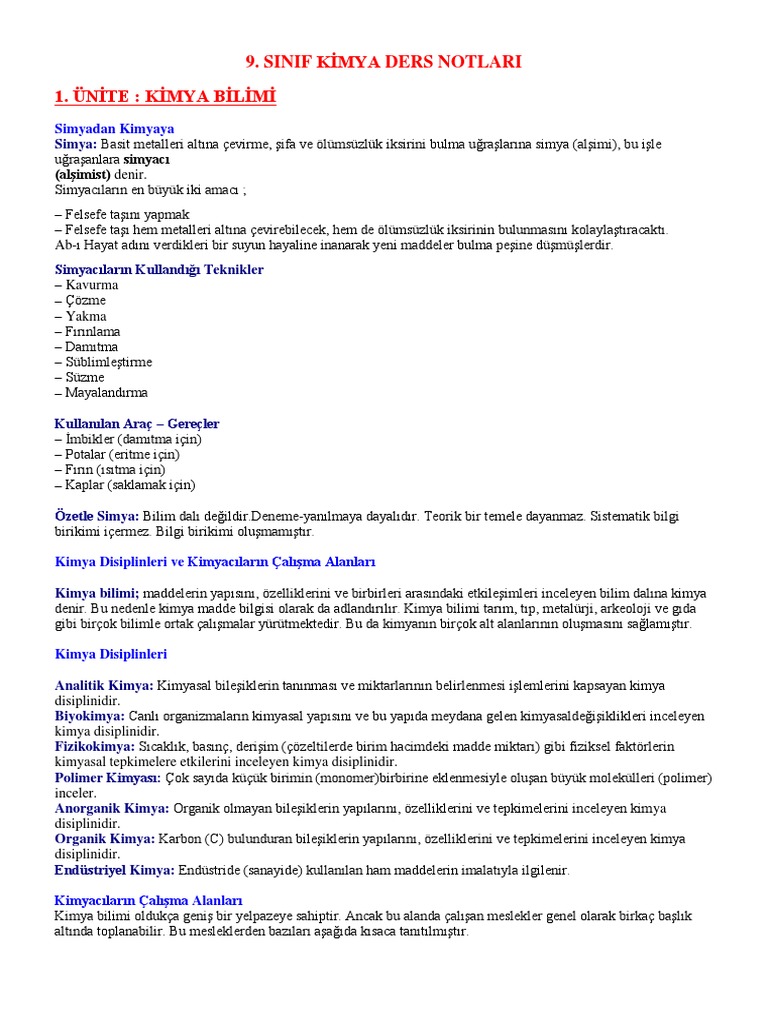 9 Sinif Kimya Ders Notlari | PDF