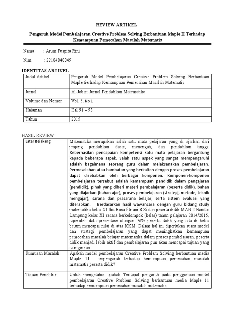 REVIEW ARTIKEL Pengaruh Model Pembelajaran Creative Problem Solving Berbantuan Maple II Terhadap ...