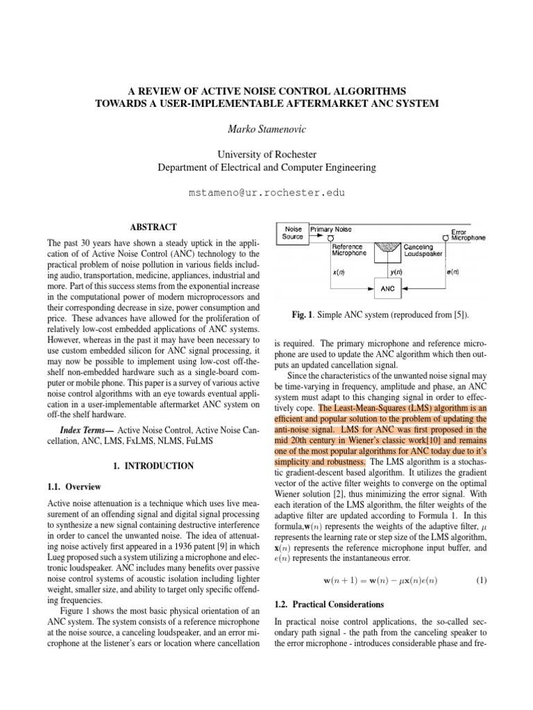 A REVIEW OF ACTIVE NOISE CONTROL ALGORITHMS | PDF
