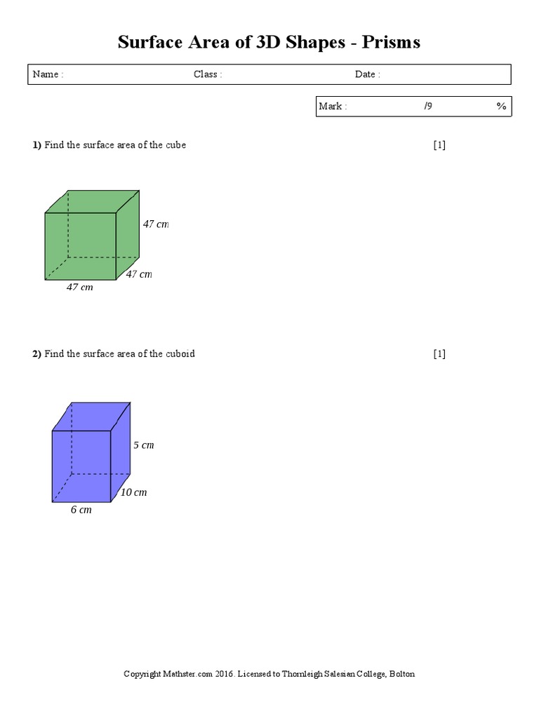 Surface Area of 3D Shapes - Prisms - 3 | PDF