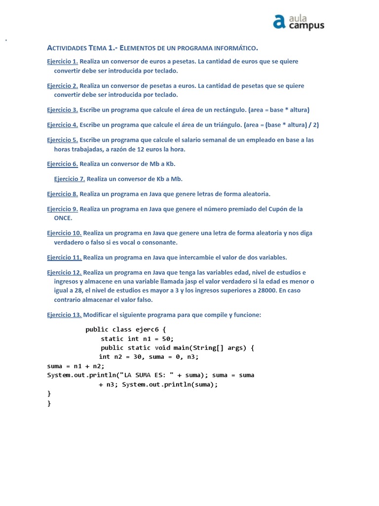 Actividades+Tema+1 +Elementos+de+un+Programa+Informático | PDF | Java (lenguaje de programación ...