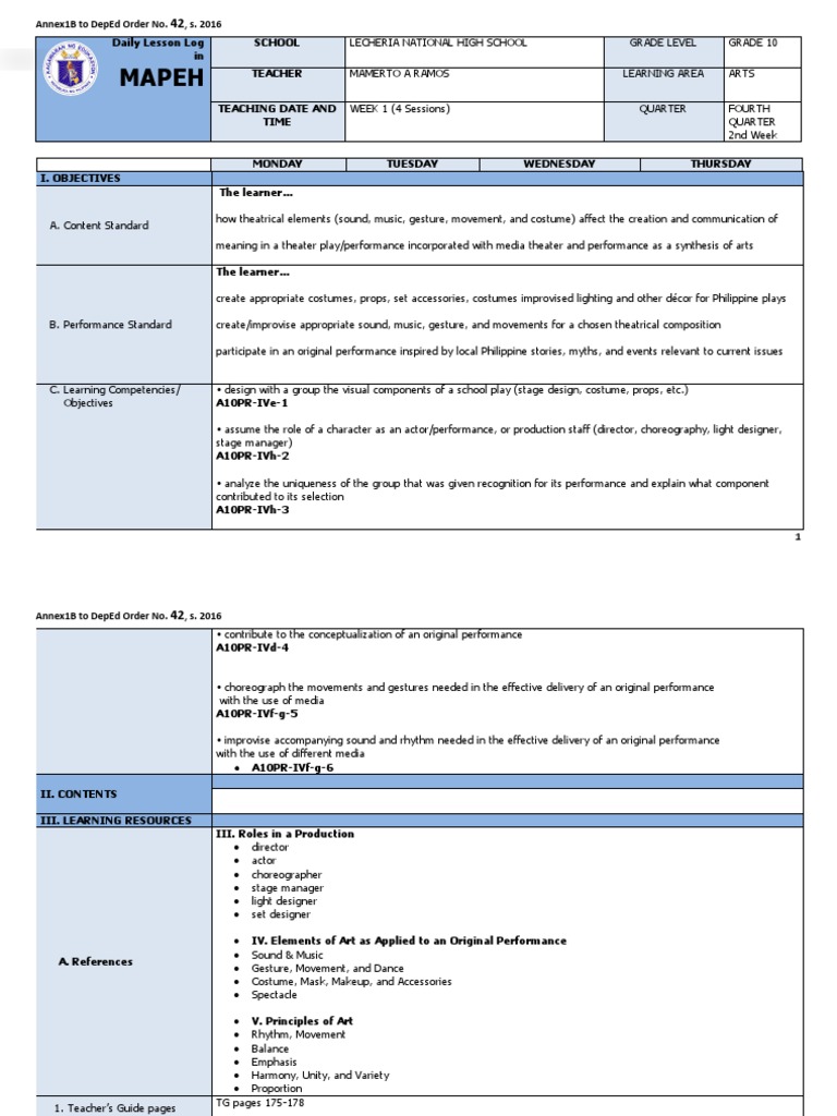 Grade 10 MAPEH Arts Lesson Plan | PDF