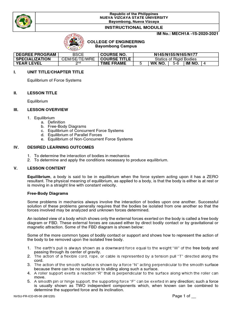 Mech 1a Module 4 Equilibrium Pdf Force Weight