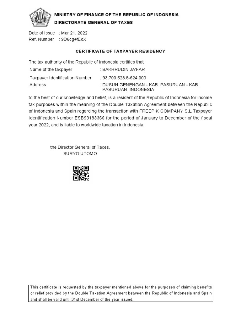 Certificate of Taxpayer Residency | PDF