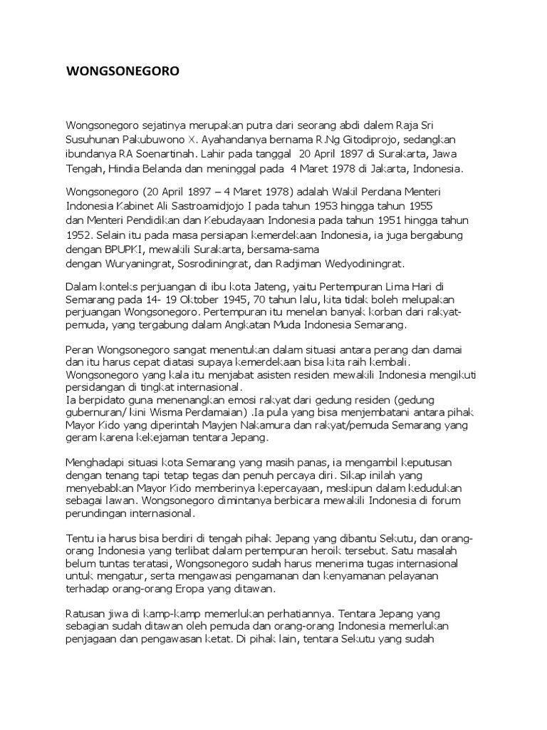 Biografi Wongsonegoro: Perjuangan dan Peran | PDF