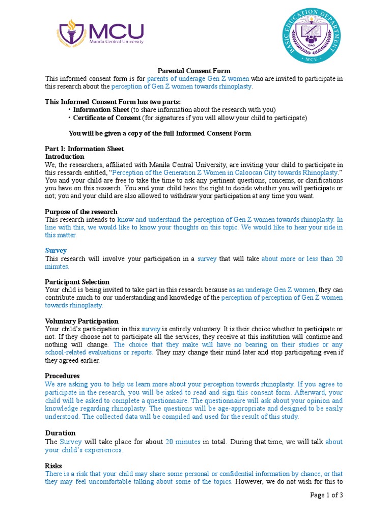 ICF Parental Consent - Edited 1 1 | PDF | Informed Consent | Questionnaire