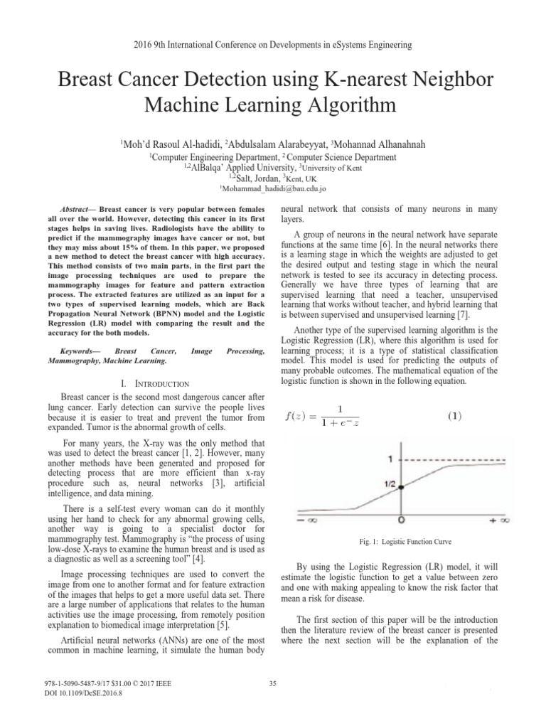 2 Breast Cancer Detection Using K Nearest Neighbor Machine Learning Algorithm Pdf Artificial
