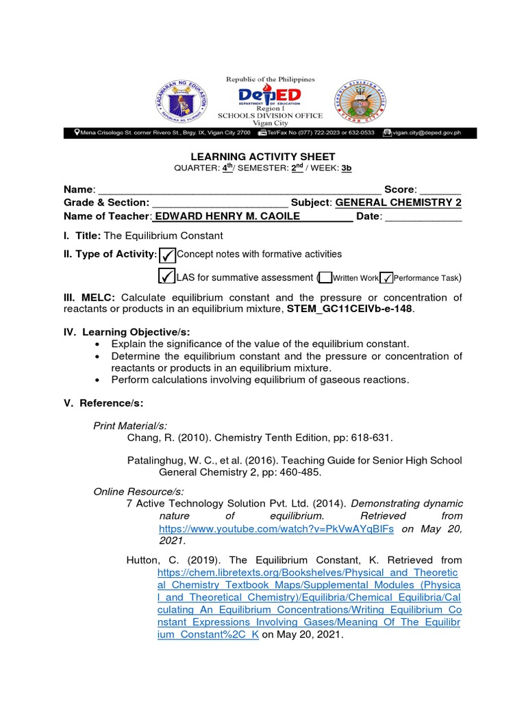 GenChem2 Q4 MELC 5 Week-3b | PDF | Chemical Equilibrium | Carbon Dioxide