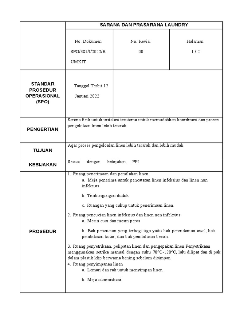 SOP Sarana Dan Prasarana Laundry | PDF