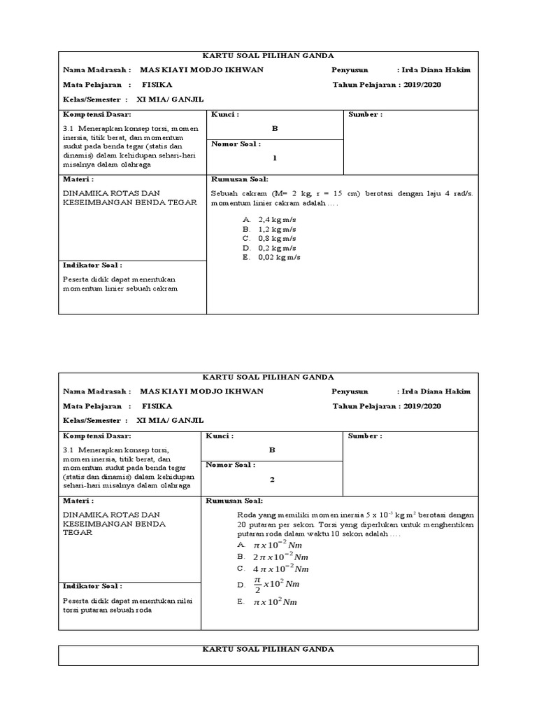 KARTU SOAL PILIHAN GANDA kelas 11 | PDF
