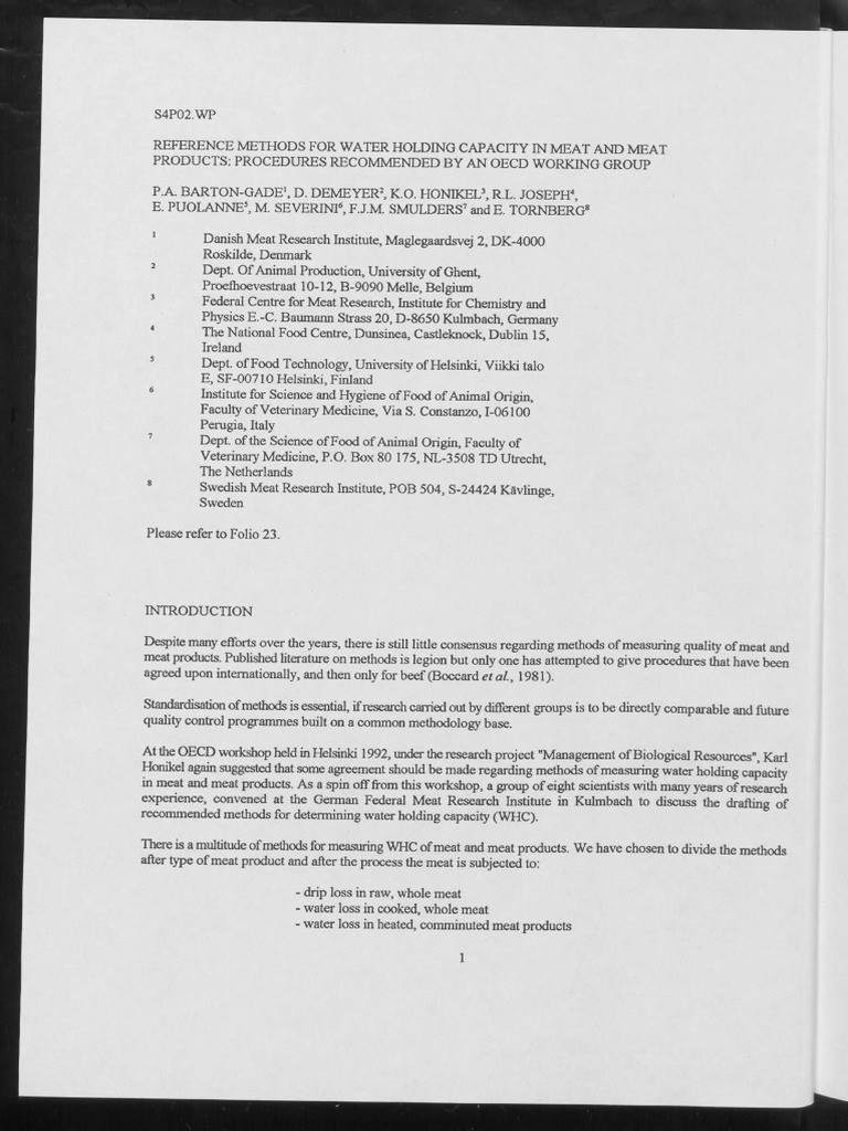 Reference Method For Water Holding Capacity Assessment | PDF | Meat | Water