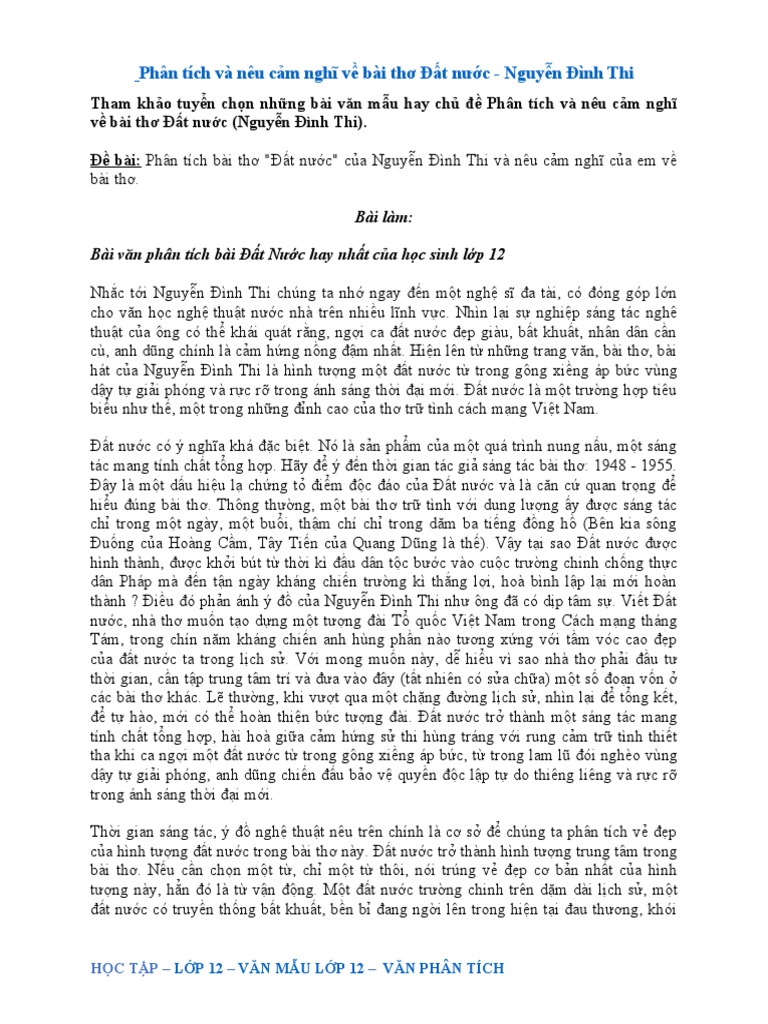 Phan Tich Bai Tho Dat Nuoc Nguyen Dinh Thi | PDF
