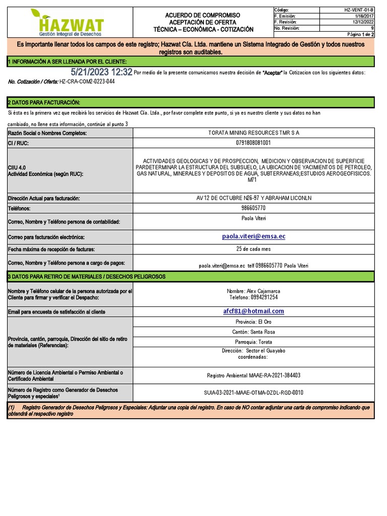 0223-044 Aceptacion de Servicio Torata Mining Resources TMR S A | PDF ...