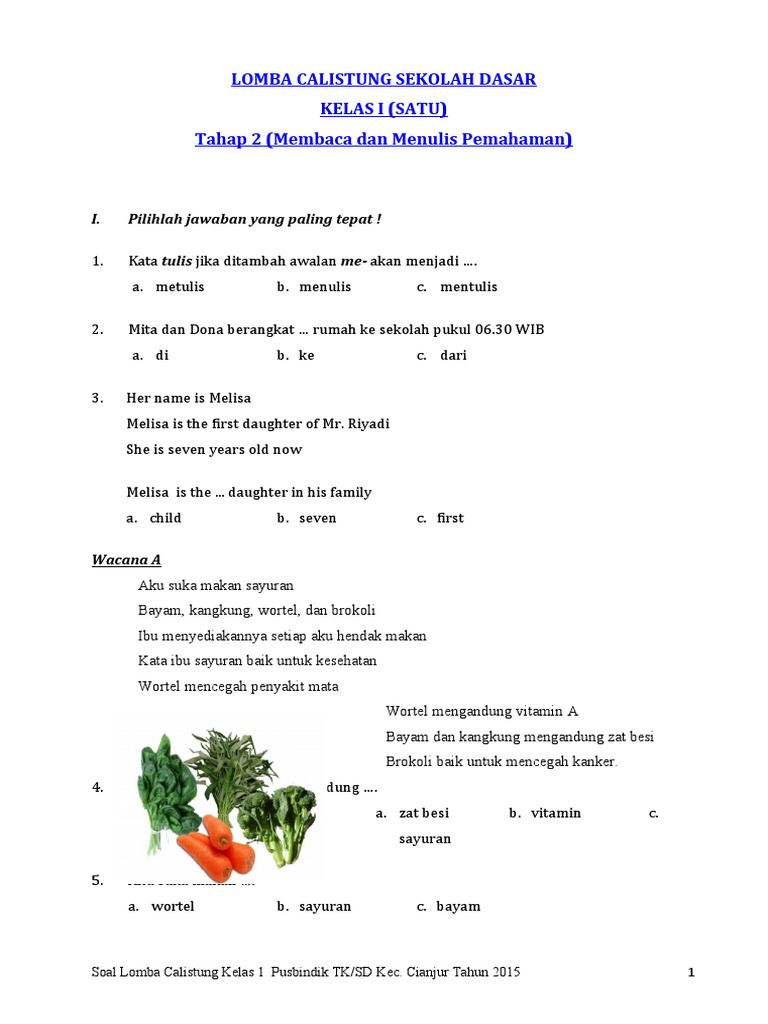 SOAL CALISTUNG KELAS 1 TAHAP 2 | PDF