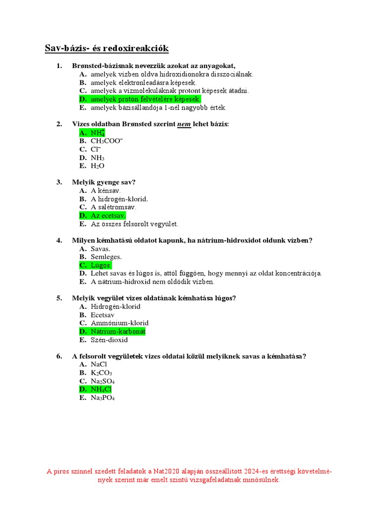 07 Sav Bazis Es Redoxireakciok Megoldasokkal | PDF