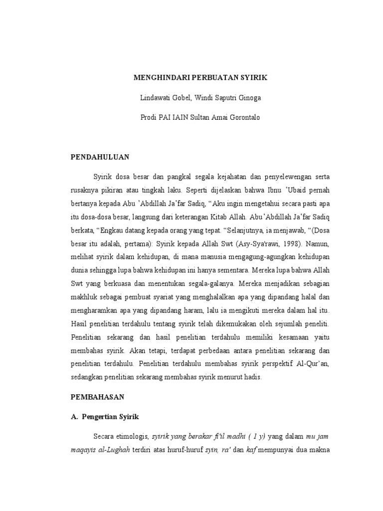 MENGHINDARI PERBUATAN SYIRIK - Docx Akidah | PDF