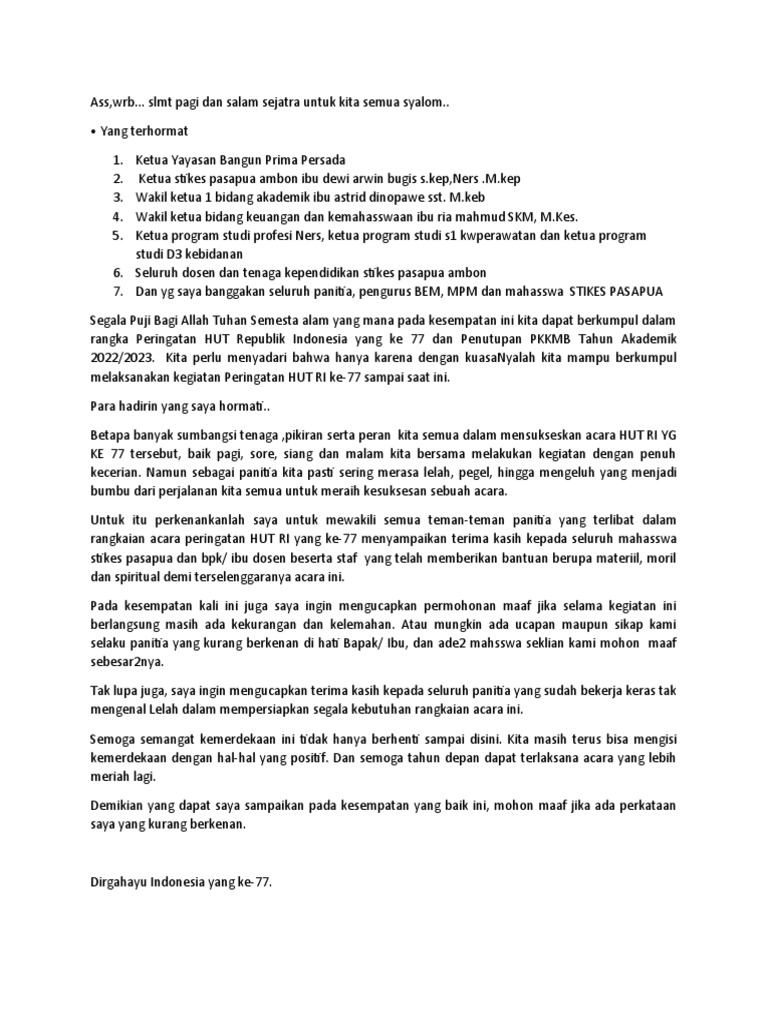 Kata Sambutan Ketua Panitia 17 Agustus 2022 | PDF