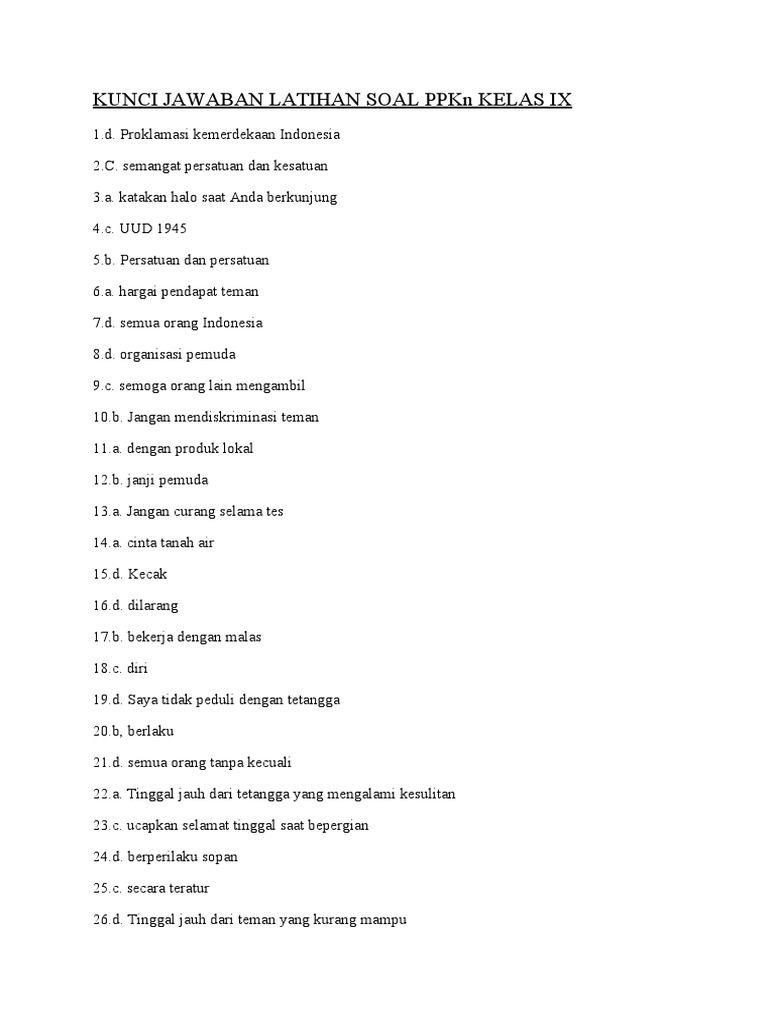 Kunci Jawaban Kelas Ix Latihan Soal PPKN | PDF