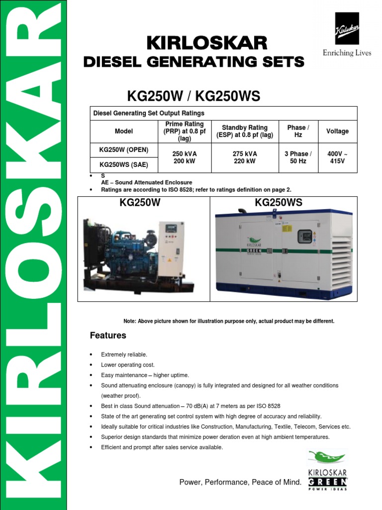 Kirloskar 250 kVA Diesel Generator Specs | PDF | Electric Generator ...
