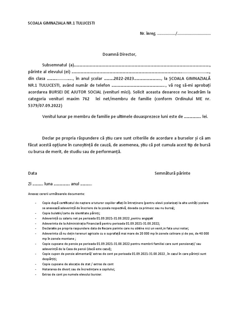 Cerere-Burse - Docx 2022-2023 | PDF