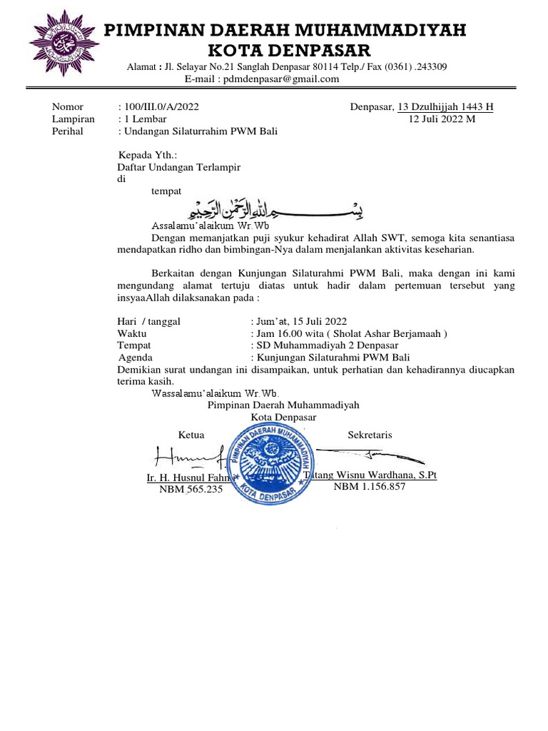 100, 2022, Surat Undangan Silaturahmi Dengan PWM Bali | PDF