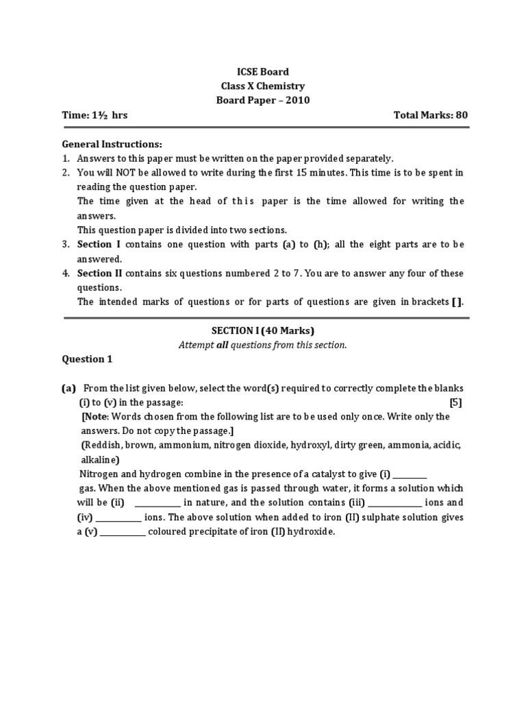 ICSE Class 10 Chemistry 2010 Paper | PDF | Acid | Chloride
