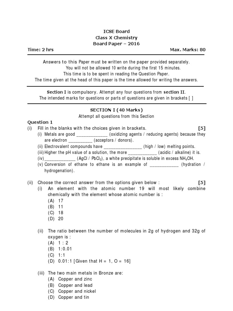 ICSE Class 10 CHEMISTRY Previous Year Question Paper 2016 | PDF | Acid ...