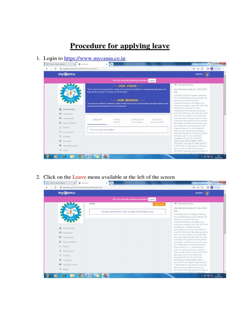 Procedure For Applying Leave, ONDuty and Medical Leave | PDF