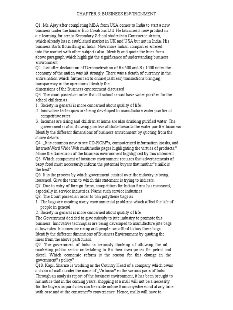 XII Business Studies Worksheet Chapter 3 | PDF | Economies