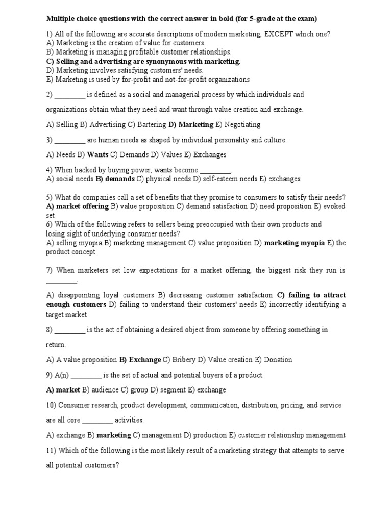 Marketing MCQs with Answers for Exams | PDF | Marketing | Customer