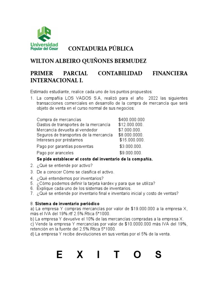 Primer Parcial Contabilidad Financiera Internacional I2023-1 | PDF