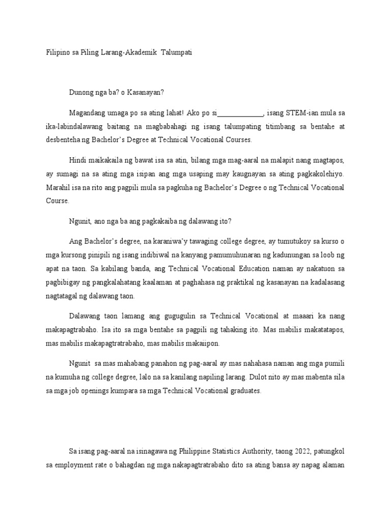 Talumpati - Bachelor's Degree VS. Tech-Voc | PDF